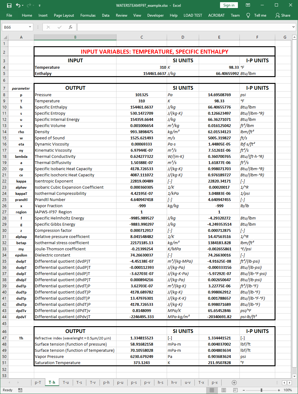 IAPWS-IF97 Water and Steam Properties Excel Add-in